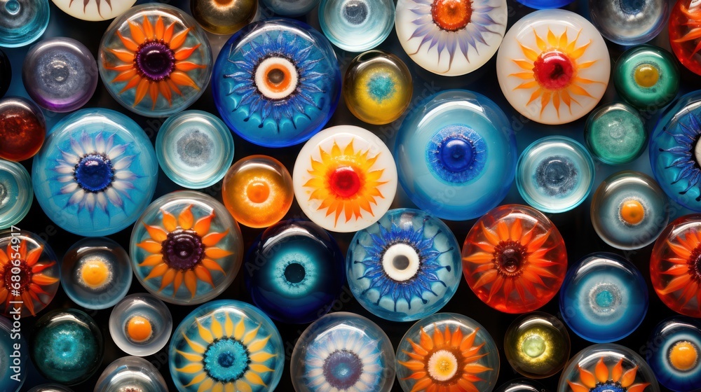 a close up of a bunch of colorful glass eyeballs with different colors ...