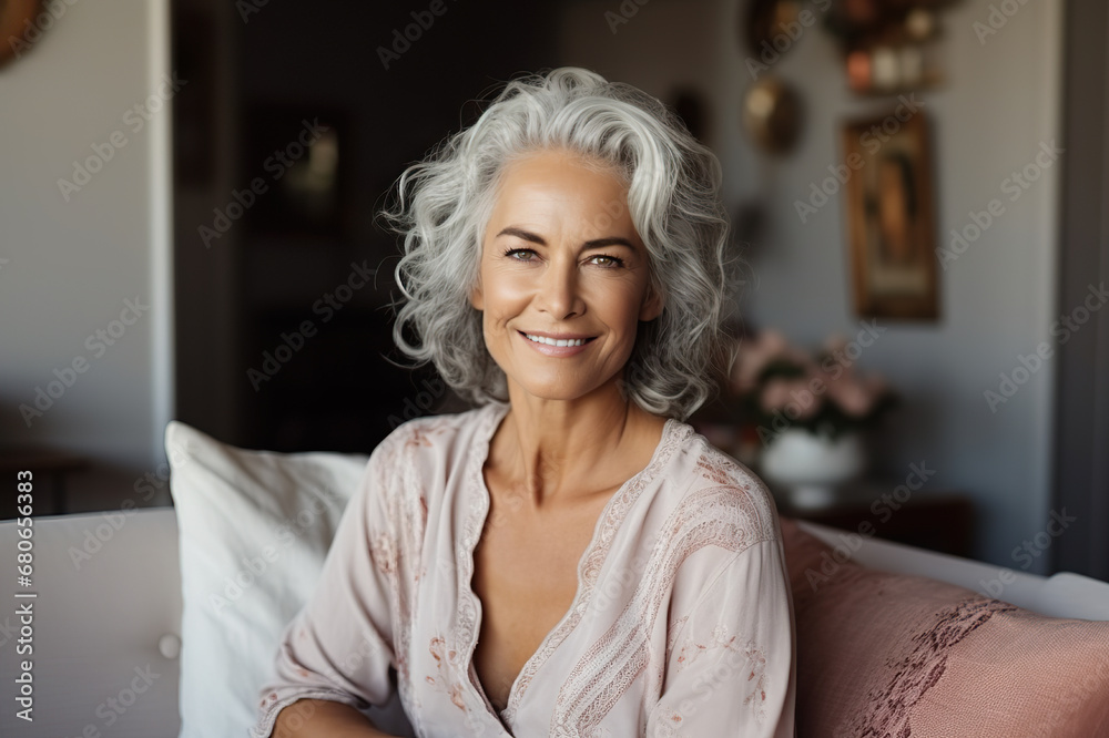 Joyful Moments Smiling Middle-Aged Woman Relaxing on a Vintage Sofa in ...