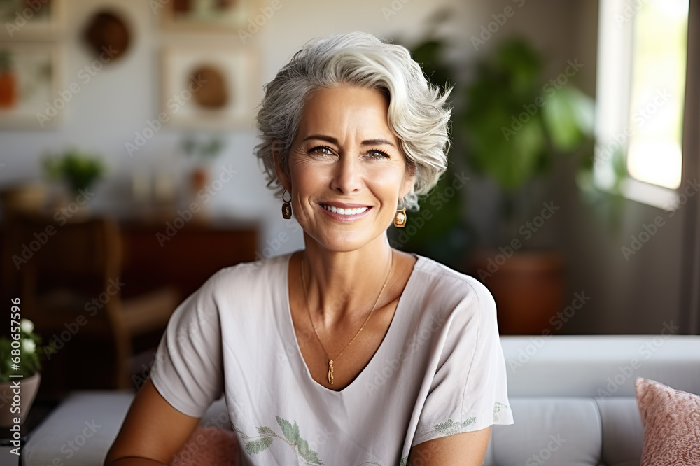 Joyful Moments Smiling Middle Aged Woman Relaxing On A Vintage Sofa In