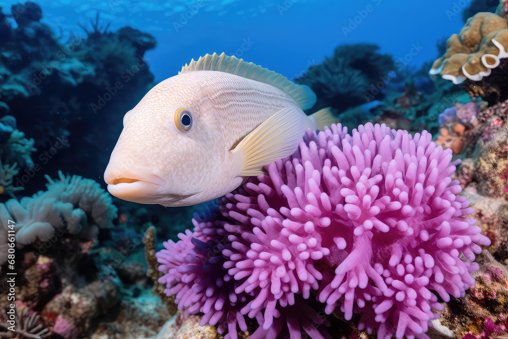 The serene beauty of chromis fish gliding gracefully in front of the ...