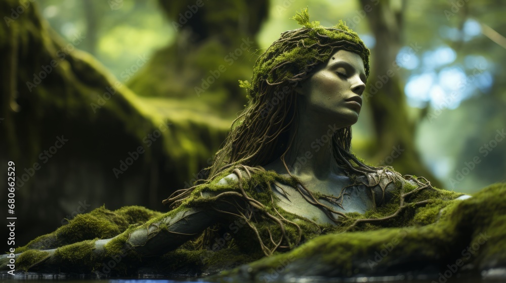 Guardian of Nature. Statue of a woman covered in green moss, plants and ...