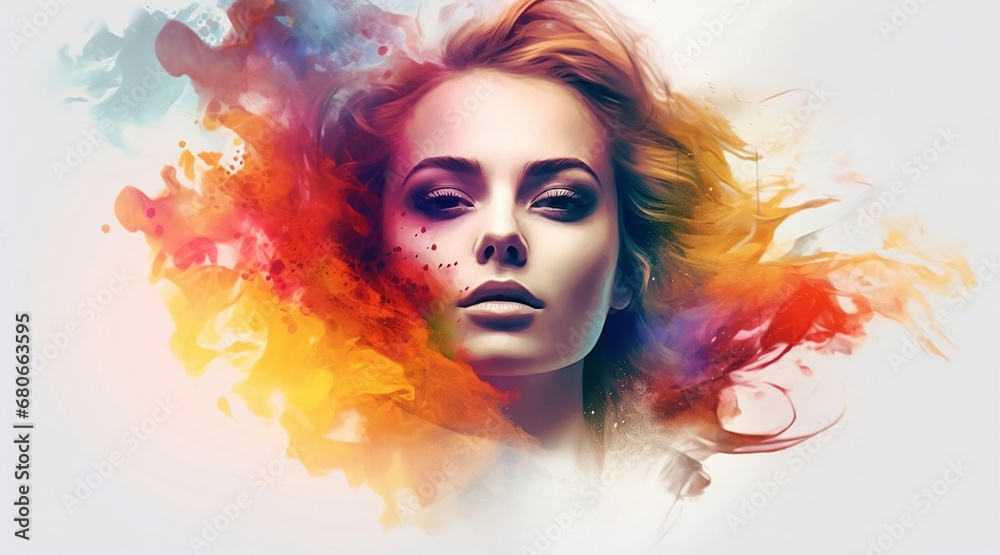 Women faces watercolor illustration, horizontal copy space on pastel ...