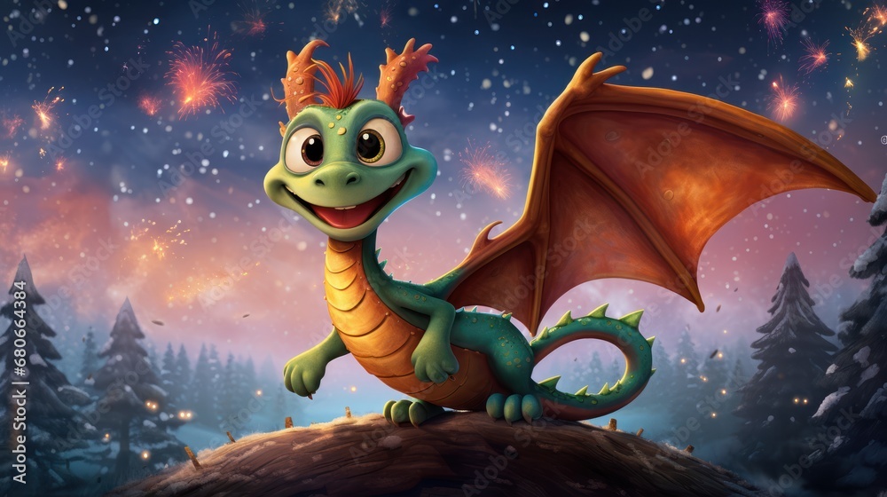 a green and orange dragon sitting on top of a tree stump in front of a ...
