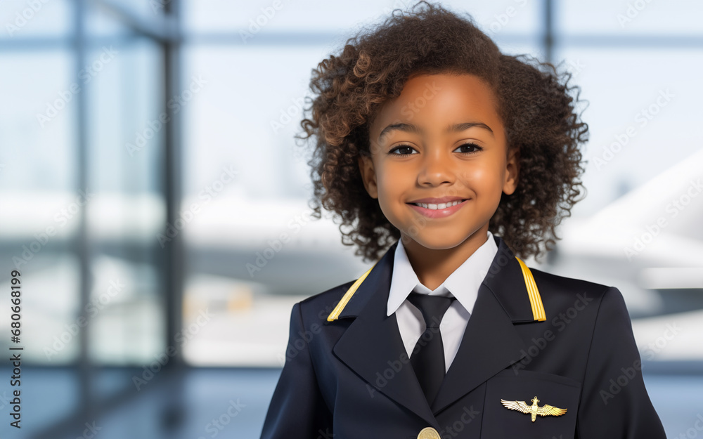 black little girl dressed up as an airline pilot, professional portrait ...