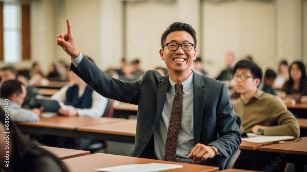 Engaged Asian-American College Student Raising Hand in a Diverse ...