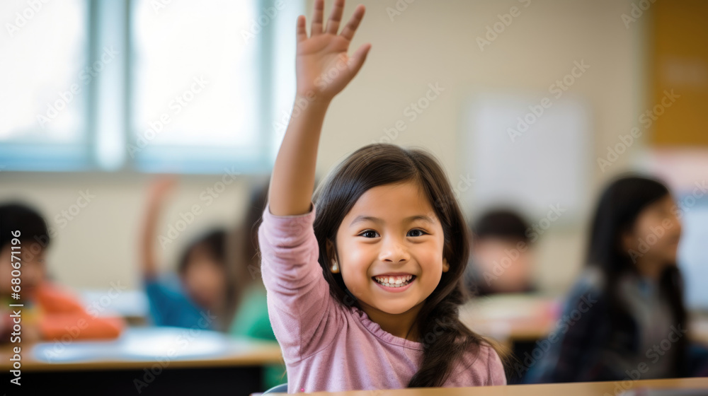 Engaged Asian Girl Raising Hand in a Diverse Classroom Stock Photo ...