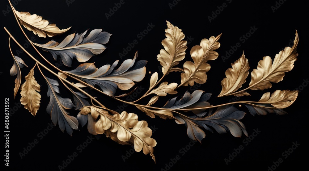 a close up of a gold and silver leaf design on a black background with ...