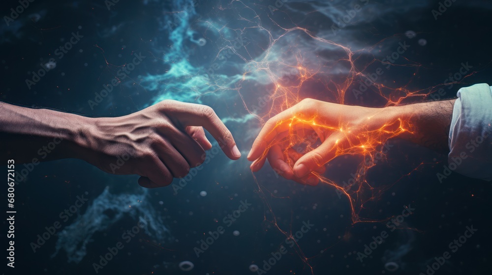 two hands reaching out towards each other in front of a blue background ...