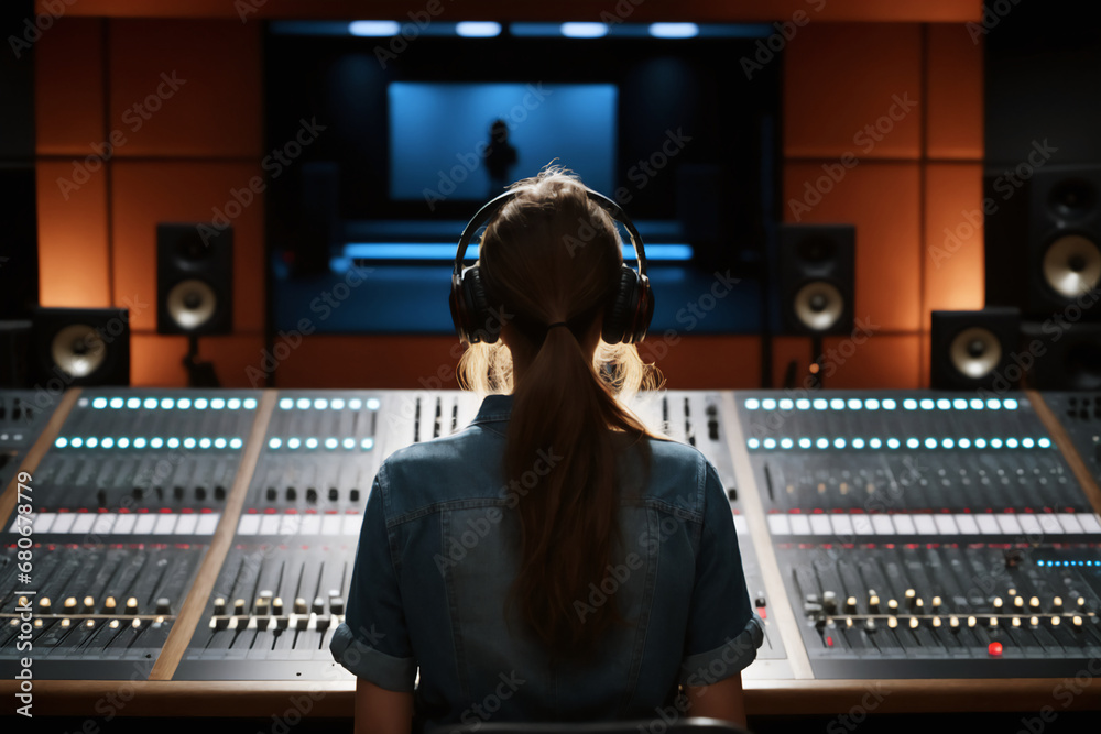 female sound engineer wearing headphone working on music track in ...