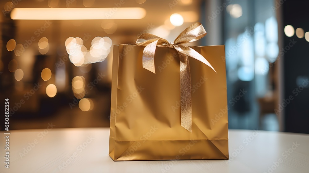 Gold Shopping Bag in front of a blurred Mall Background. Template for ...
