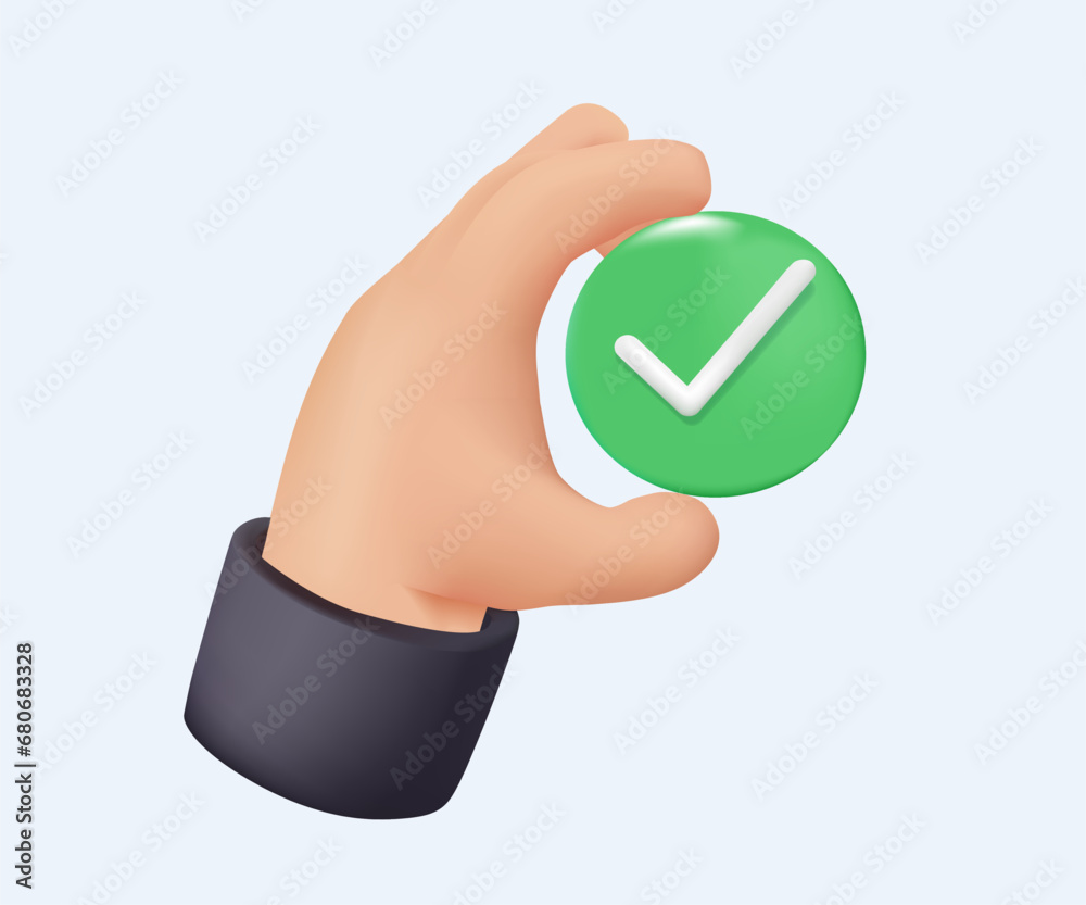 Hand holding checkmark symbol 3D vector. Checkmark right vector icon ...