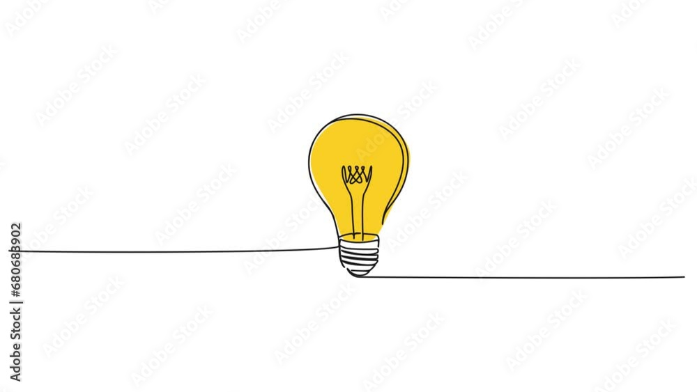 animated continuous single line drawing of glowing light bulb ...