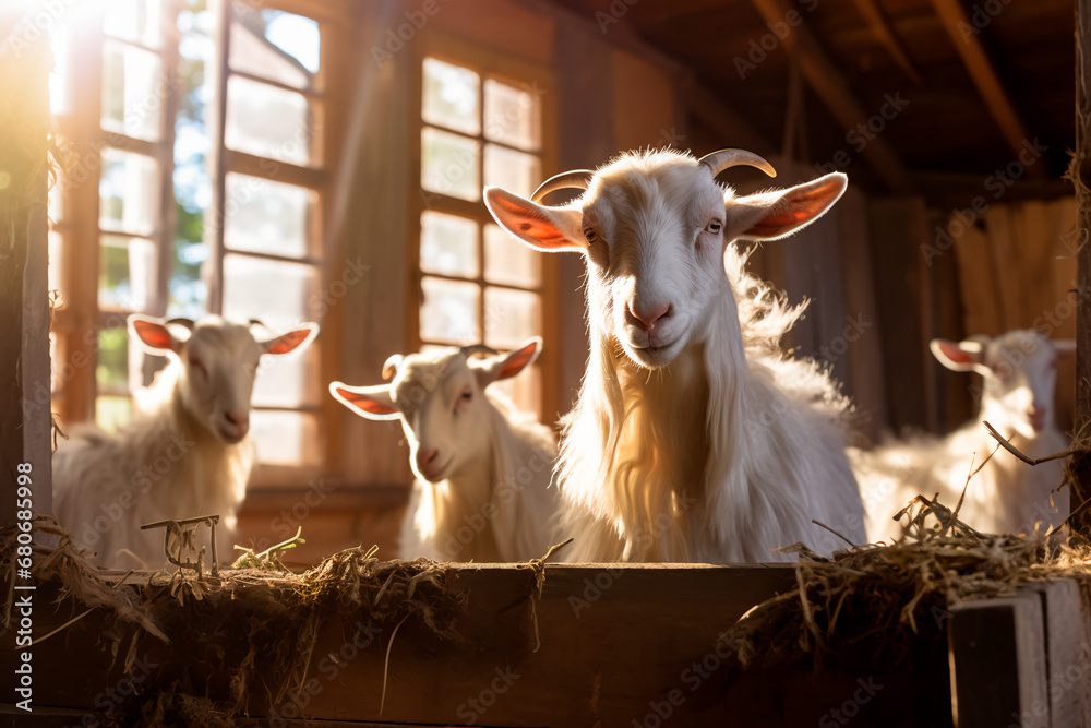 Goats in the stable on a bustling goats farm, highlighting the ...