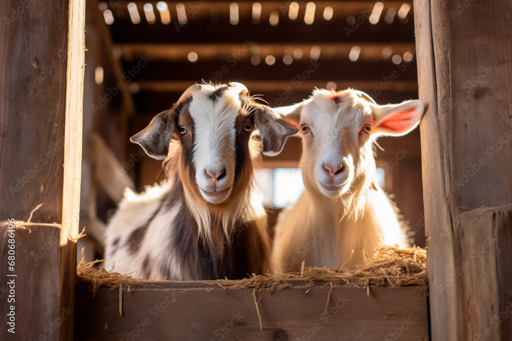 Goats in the stable on a bustling goats farm, highlighting the ...