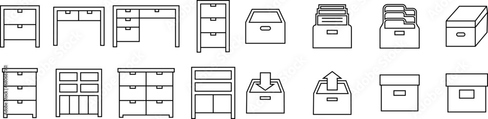 Cabinet icon set. Archive document folder box storage symbol furniture ...