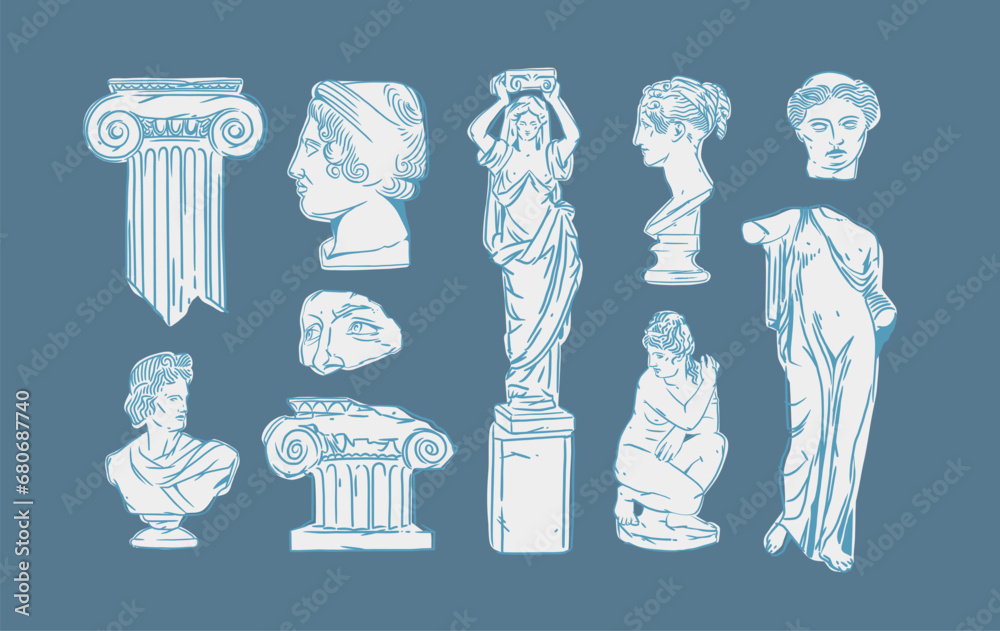 Hand drawn vector abstract outline,graphic,line greek ancient sculpture ...