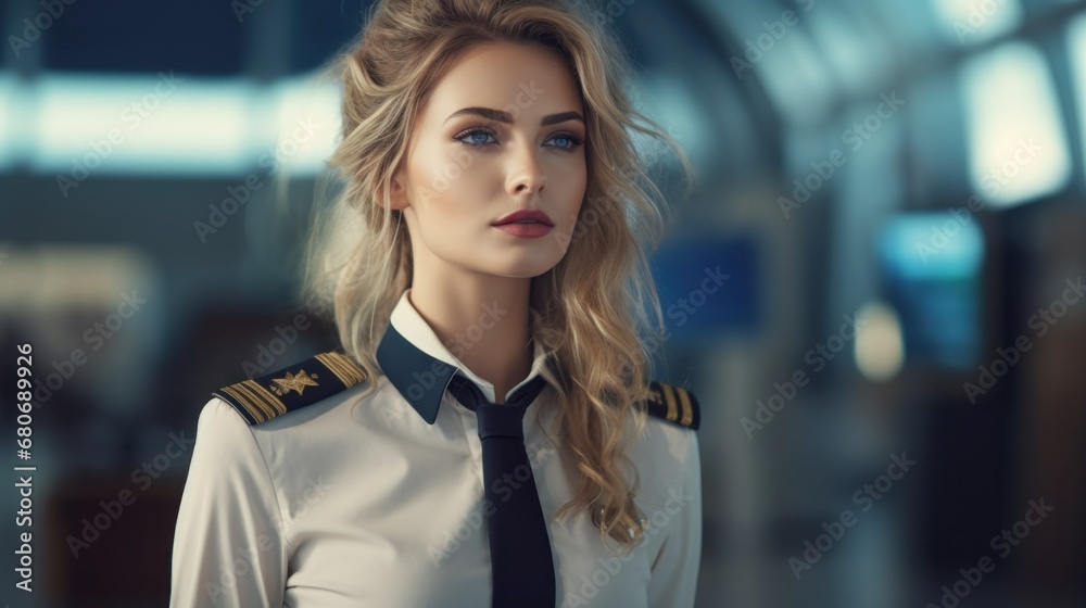 Young stewardess girl. Flight attendant at airport. Woman in uniform ...