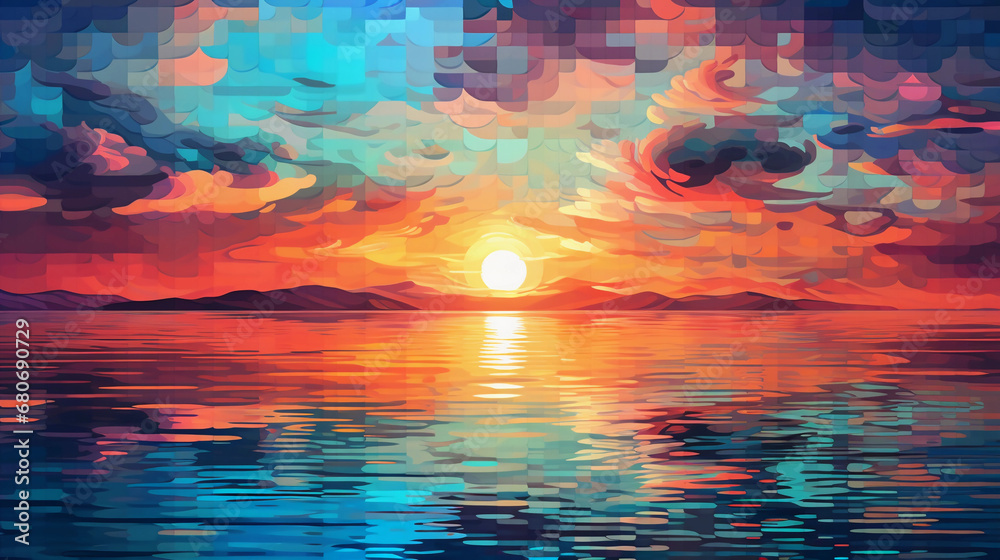 Pixelated sunset, 8-bit art style, bold and vibrant colors, retro ...