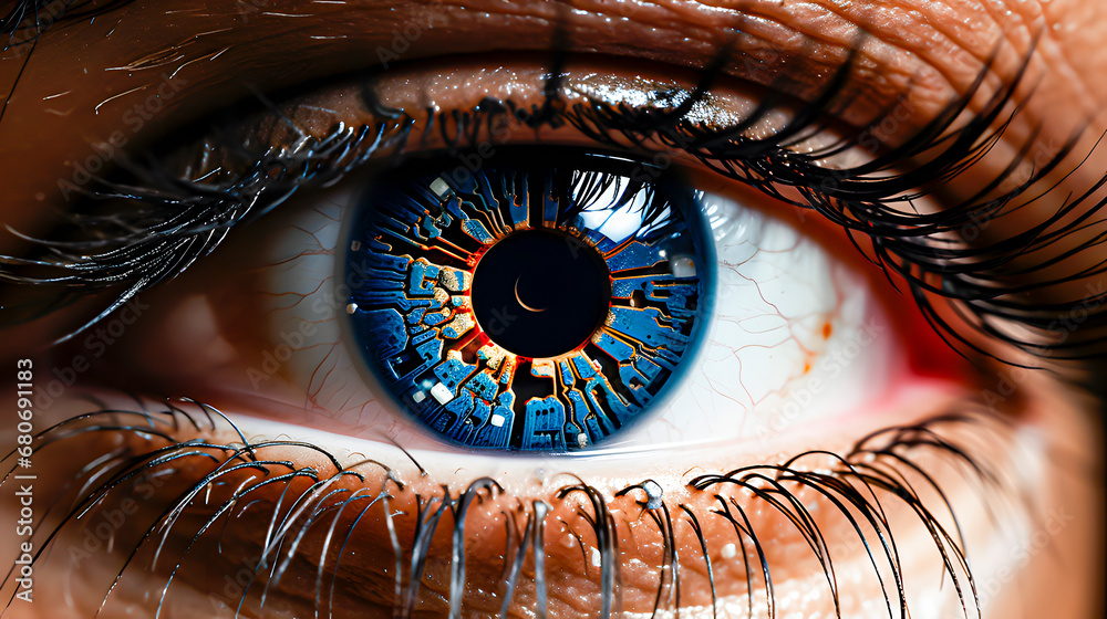 An eye with a robotic pupil. Artificial intelligence concept. Stock ...