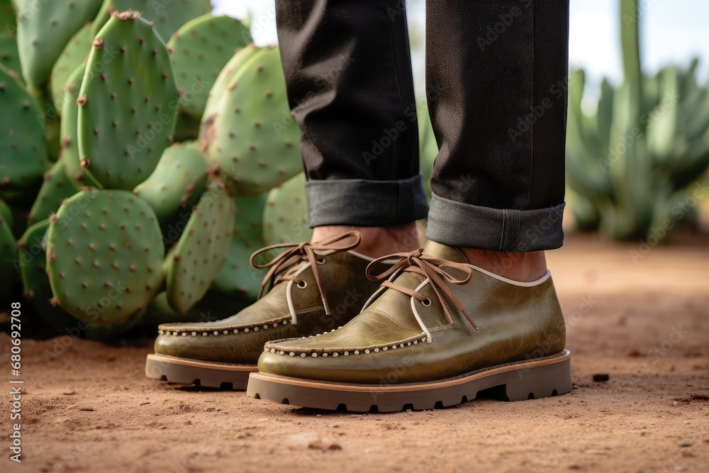 Opuntia cactus and man shoes of organic eco cactus leather on natural ...