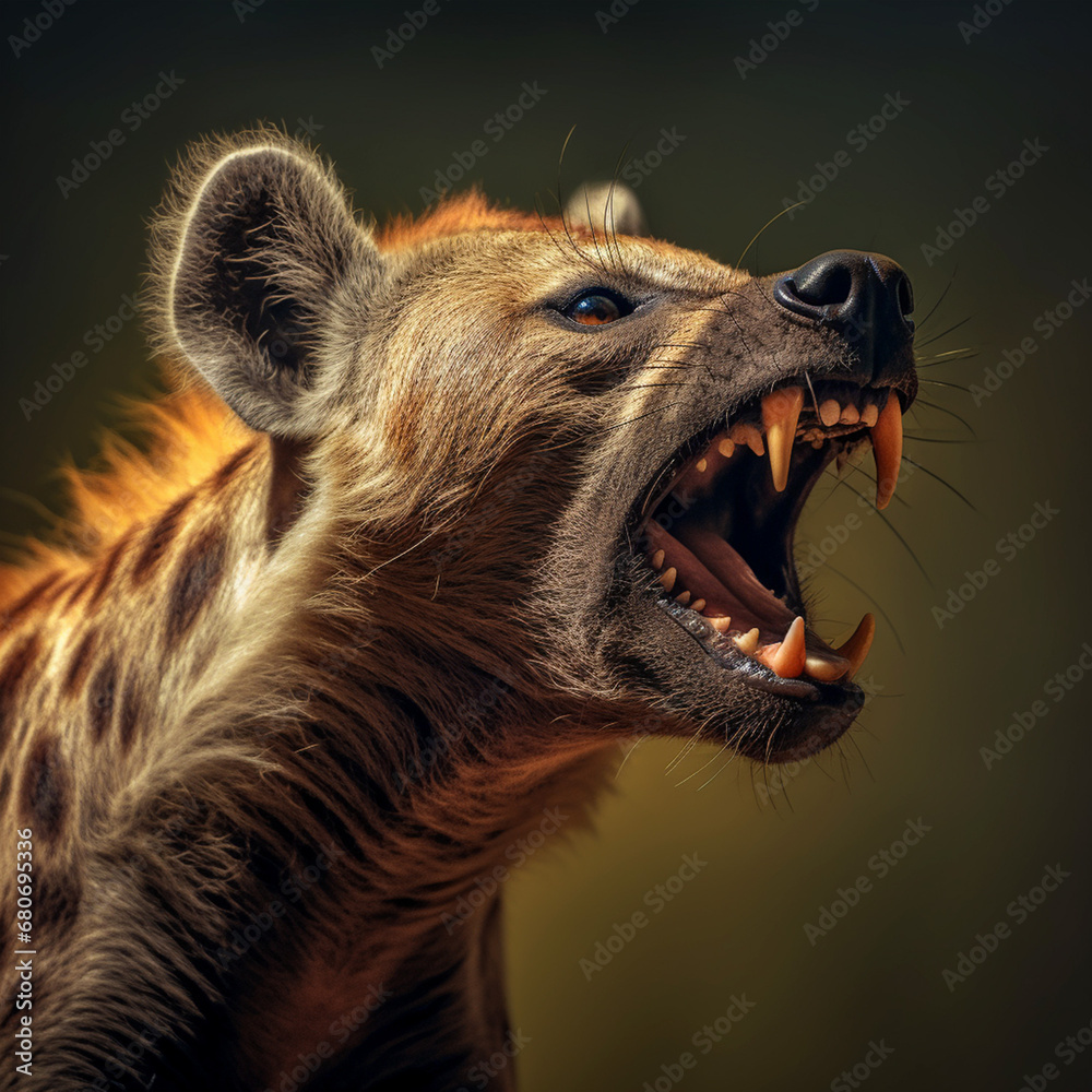 Portrait of an African hyena with its head and slightly African hyena ...