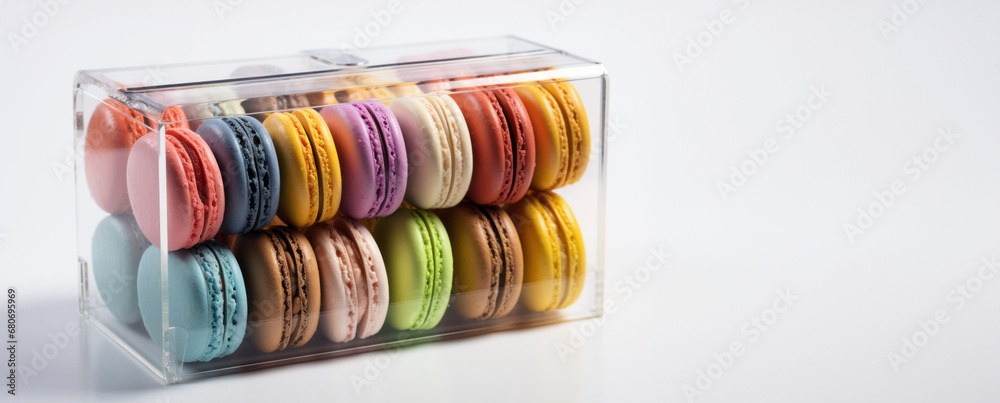 Vibrant macarons neatly arranged in a plastic box, showcasing a variety ...
