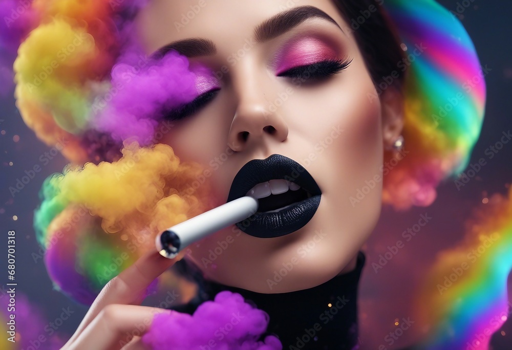 Rainbow-colored vape smoke surrounding a beautifully made-up girl with ...