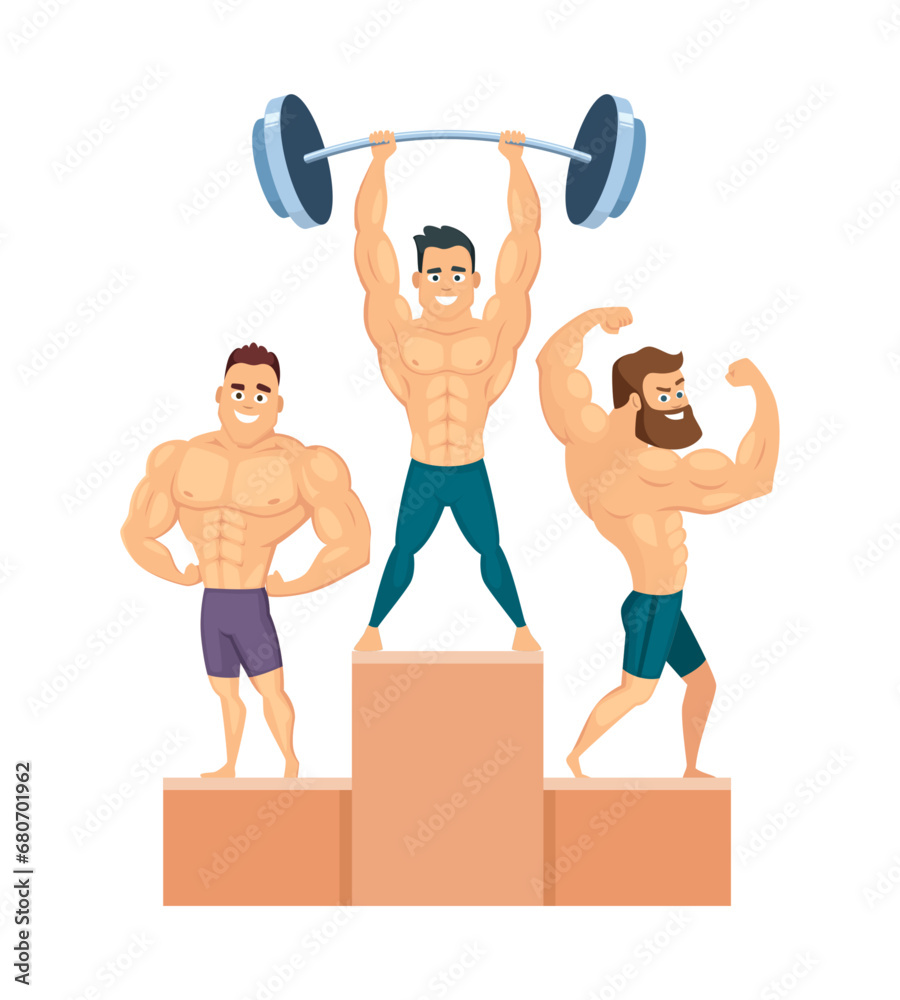 Bodybuilders. esthetic athletic male characters standing on different ...