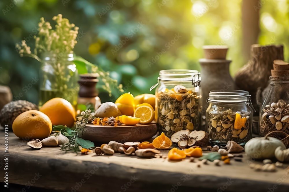 Wooden Table Full of Natural Remedies, Teas, Elixirs, and Life-Saving ...