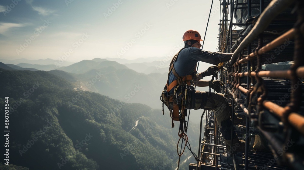 Working at elevations. Rope access, high-altitude outdoor work ...