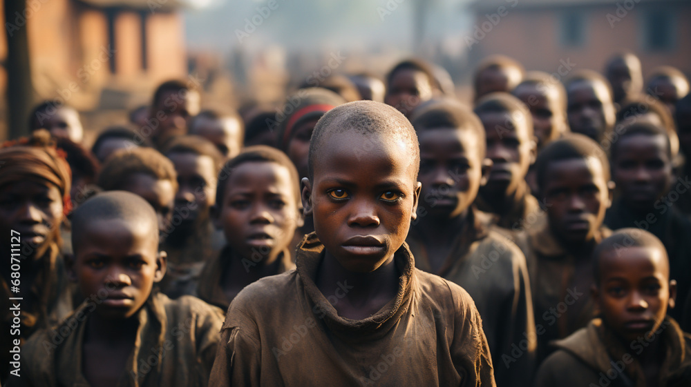 Crowd of little poor african boys in a local village of Africa Stock ...