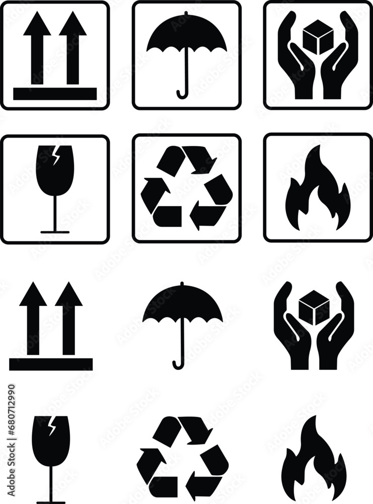 Common packaging, warning symbol set. flat style icons with frame Isolated on transparent ...