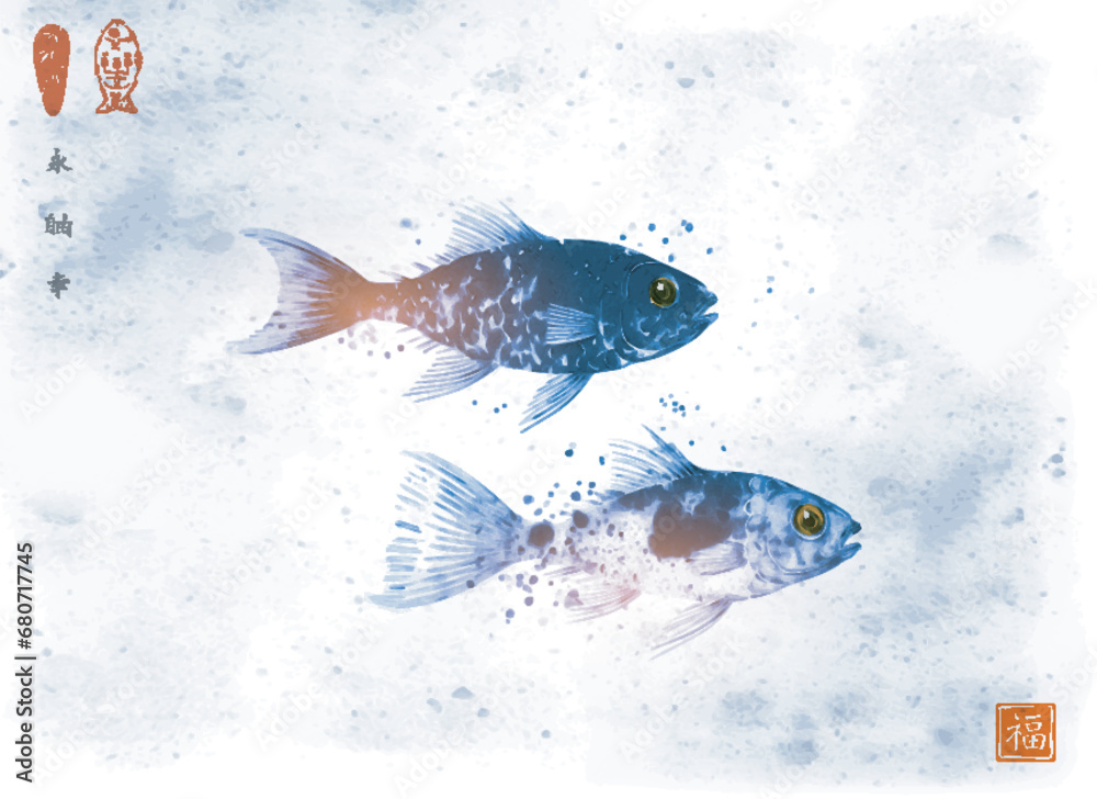 Sumi-e ink wash illustration featuring two blue koi fish with golden ...