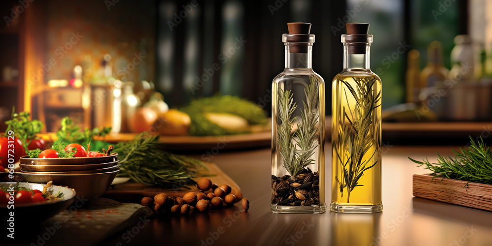 golden olive oil and vinegar bottles with thyme and aromatic herbs ...