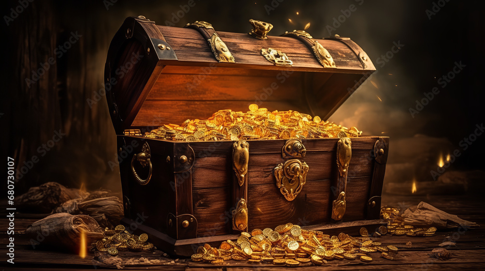 Half Open the glowing ancient treasure chest golds inside Stock Photo ...