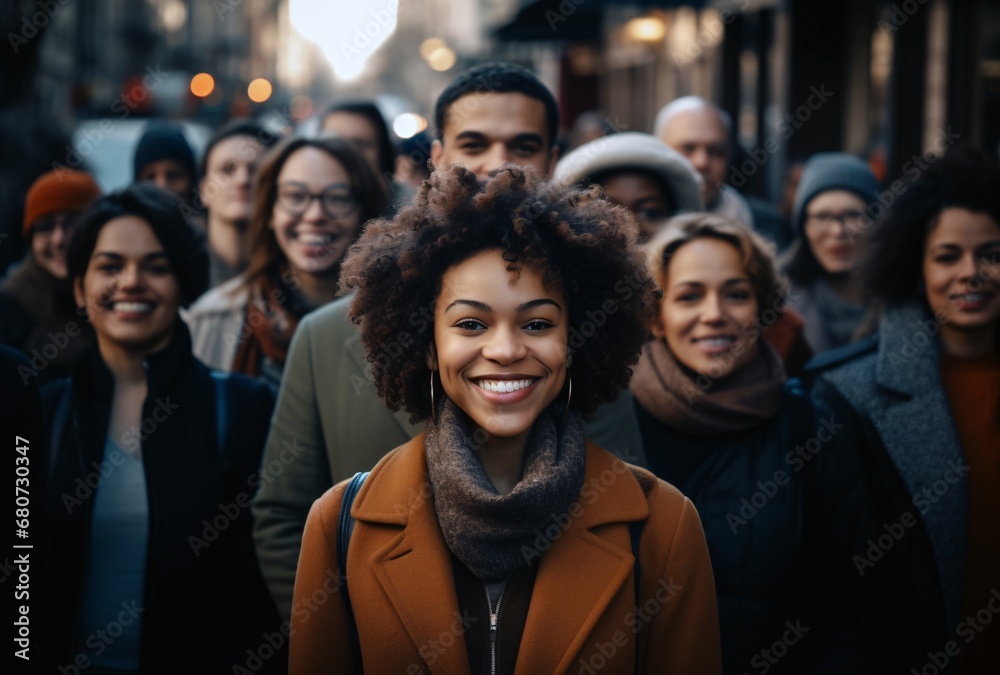 black white and brown people in a crowd smiling at a sidewalk shift ...