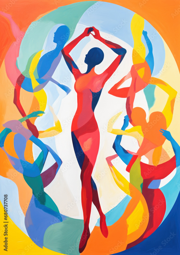 Beautiful female figure dancing in colourful background, painted in ...