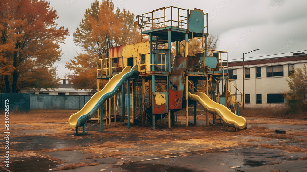 Desolate playground in abandoned neighborhood with decaying structures ...