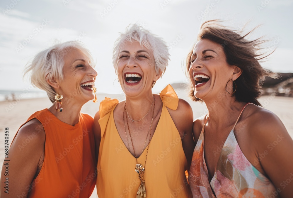 three older women laughing on the beach mixing masculine and feminine ...