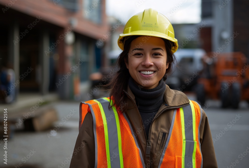 young female construction worker smiling wearing hardhat and safety vest, social media ...