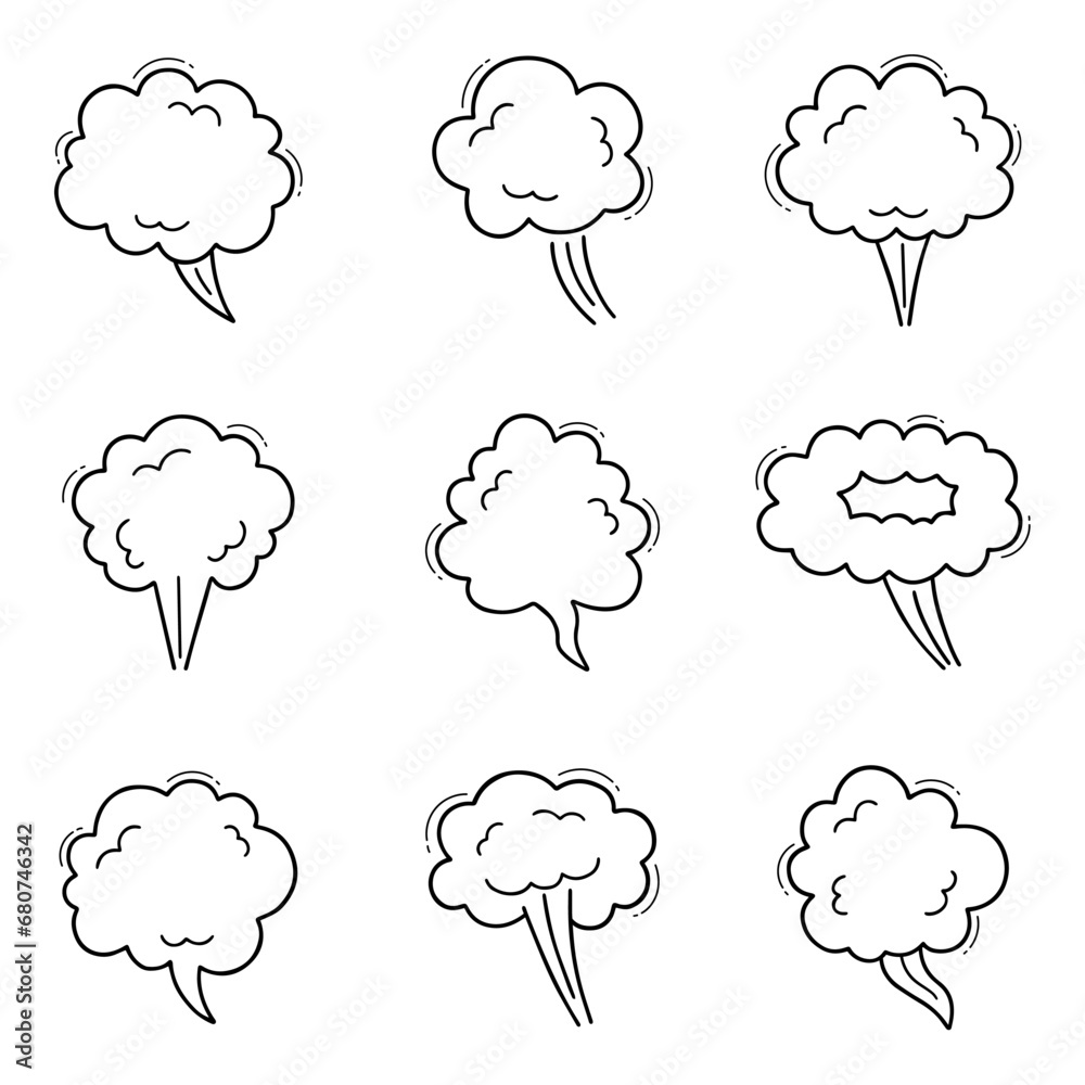 Smoke, boom bubble, steam doodle set. Comic speed cloud, explosion ...