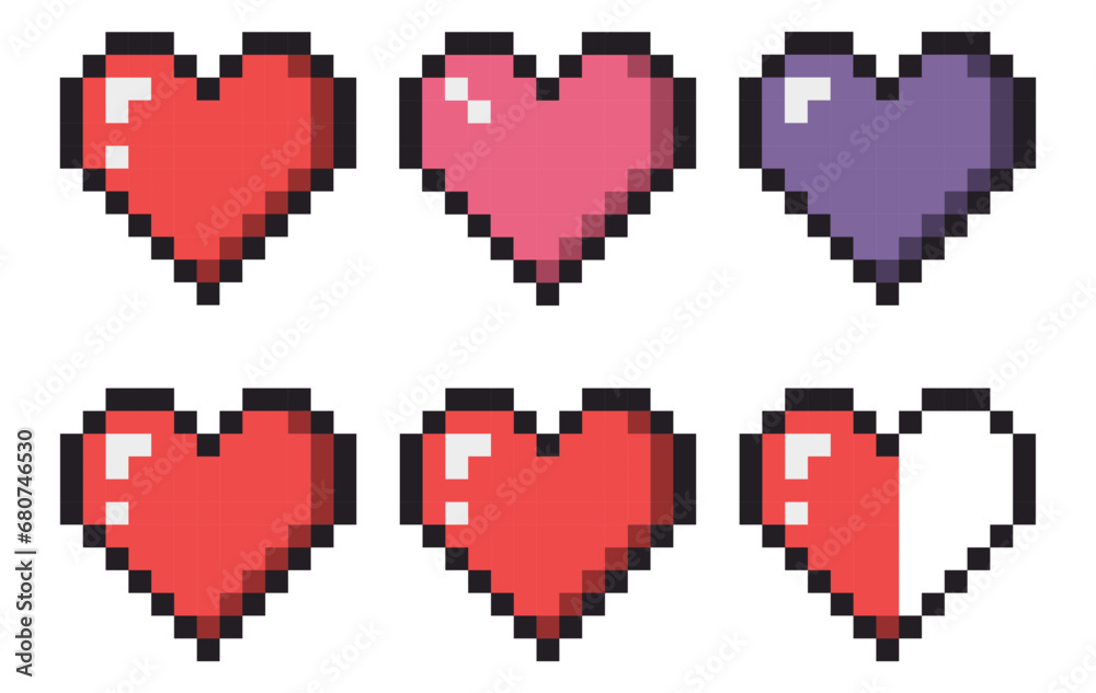 Pixel hearts set in pixel style on white background. Health bar pixel ...