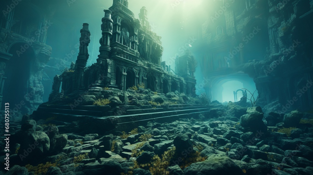 rendering of an ancient sunken city under the sea AI generated ...