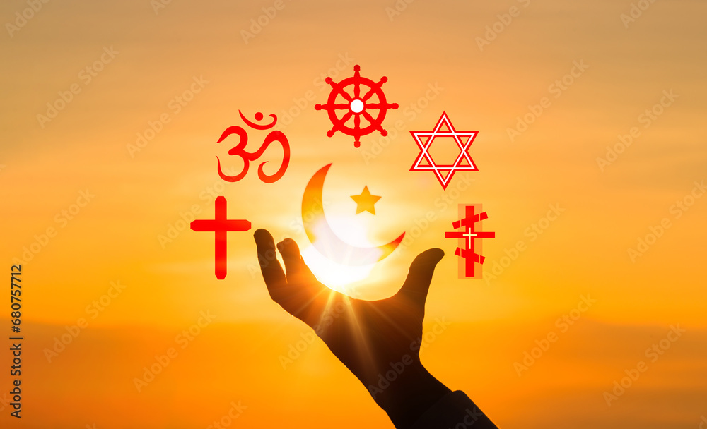 Religious symbols. Christianity cross, Islam crescent, Buddhism dharma ...
