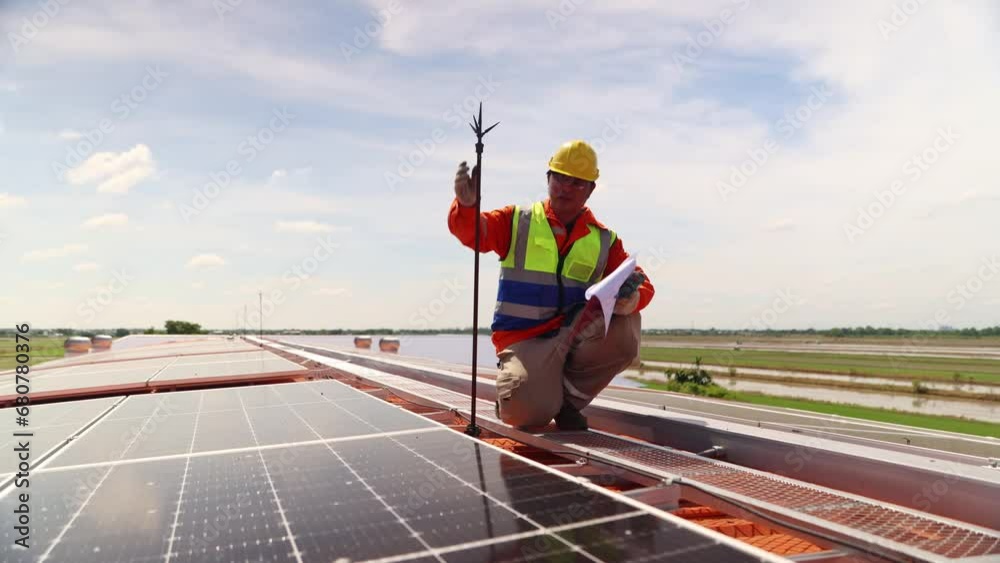 Male electrical engineer inspects and installs lightning protection ...