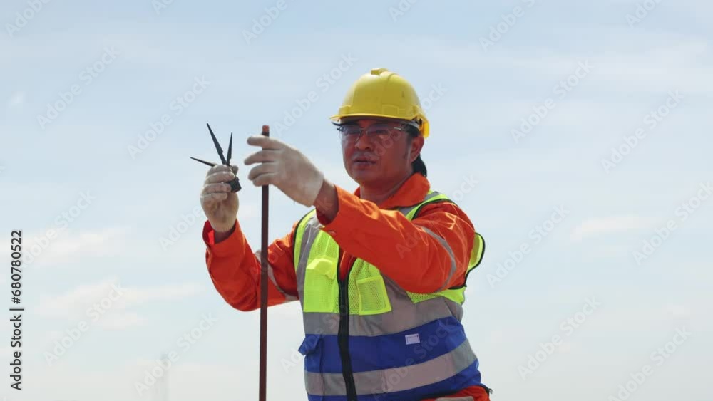 Male electrical engineer inspects and installs lightning protection ...