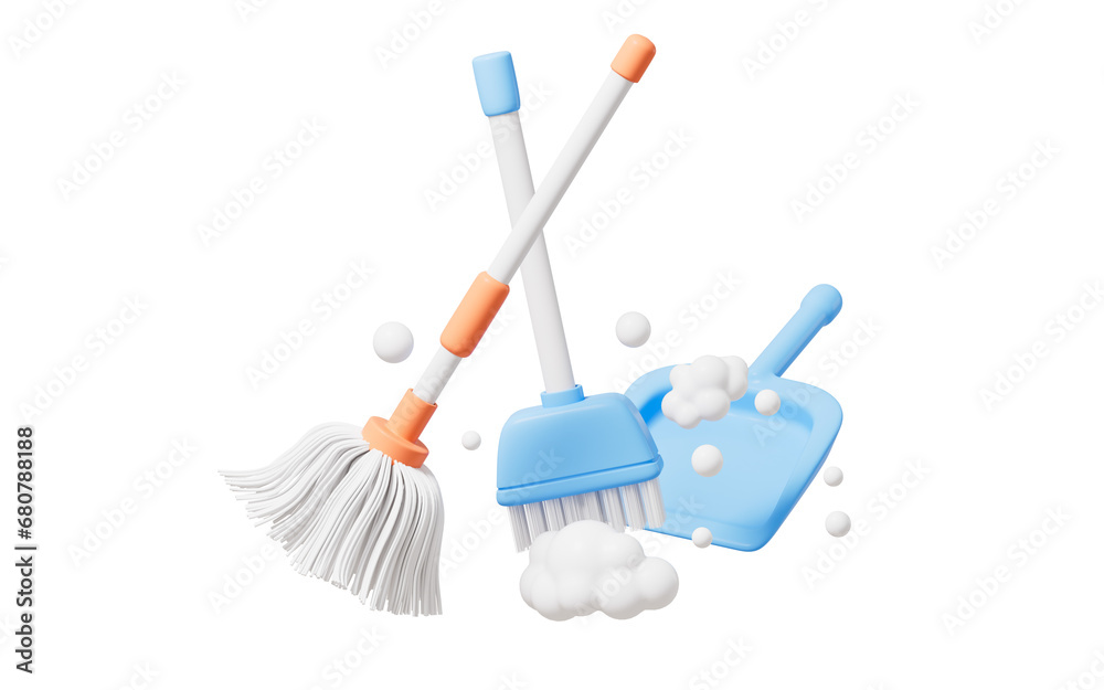 Cartoon mop and broom in the yellow background, 3d rendering. Stock ...