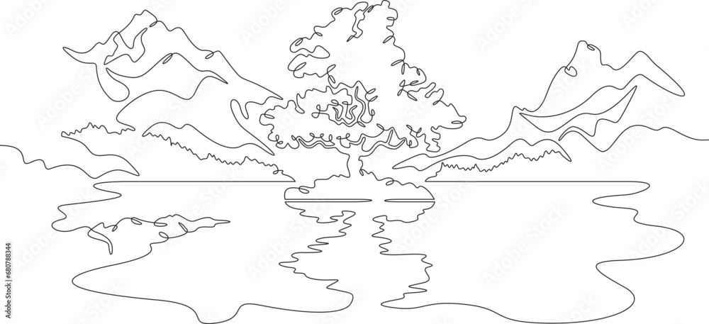 Big beautiful tree on the shore of a mountain lake. Reflection in water ...