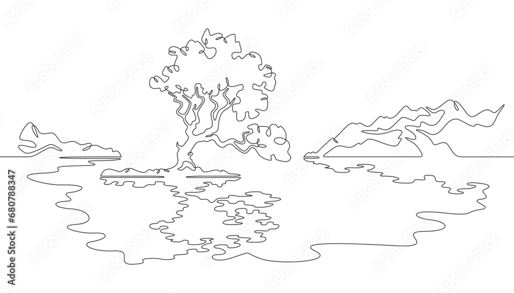 Big beautiful tree on the shore of a mountain lake. Reflection in water ...