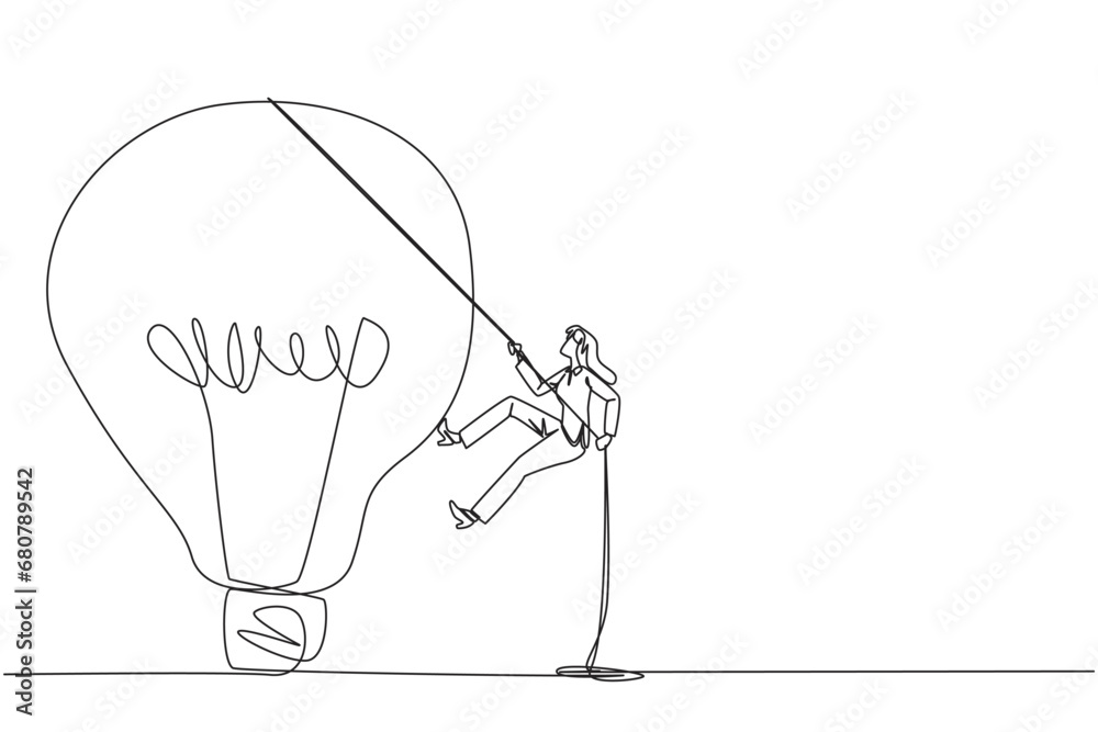 Continuous one line drawing businesswoman climbing lightbulb with rope ...